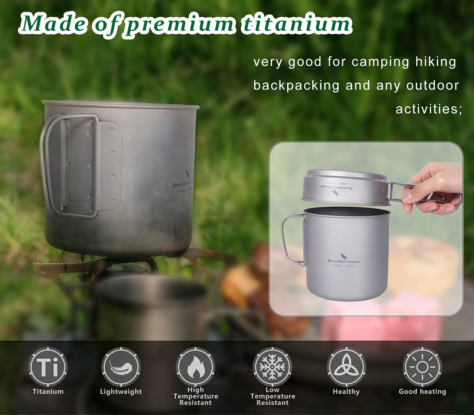Boundless Voyage Camping Titanium Pot Pan Set with Folding Handles Outdoor Picnic Hiking Bowl Plate Mess Kit Tableware Cookware Ti2053C