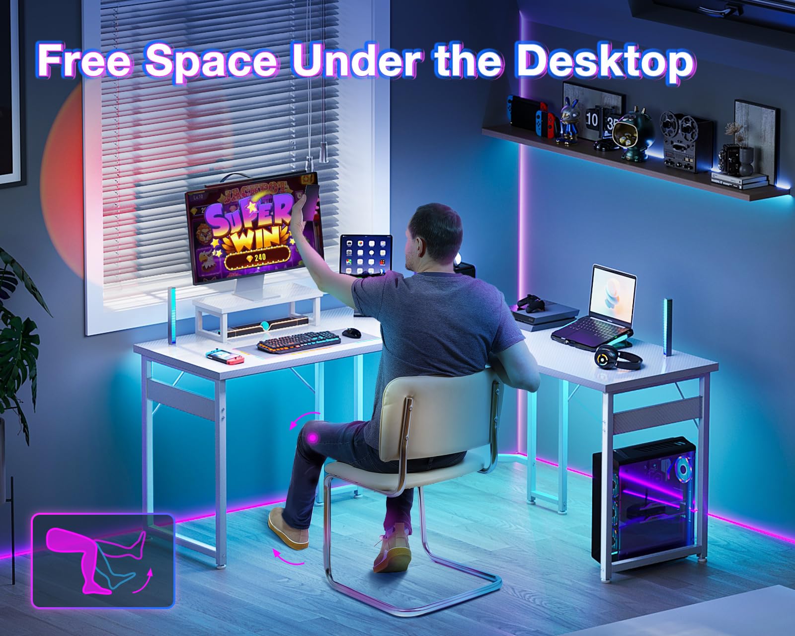 Casaottima L Shaped Gaming Desk, Corner Desk Gaming Table with Monitor Stand for Home Office, Computer Desk for Small Space, White