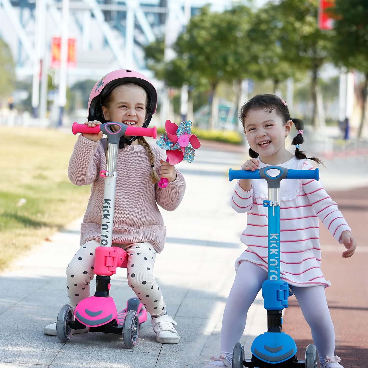 Kicknroll 3 Wheel Scooter for Kids Ages 3-5, Extra-Wide Deck Lean to Steer Foldable Toddler Scooter with Seat, 3 LED Light Wheels & 4 Adjustable Height, 110 Lbs Capacity- Pink 2 in 1 Kids Scooter
