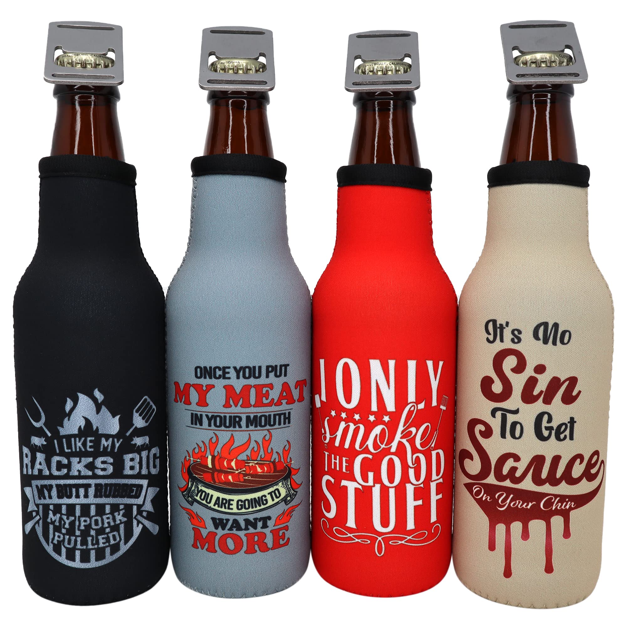 BBQ Smoker Bottle Coolies - Barbecue Meat Smoking Gift for Dad,Useful Gifts for Men Who Have Everything,Bottle Cooler Insulator Sleeve w Zipper,Built-In Removable Opener,Insulated 12 oz. Bottle Coolie