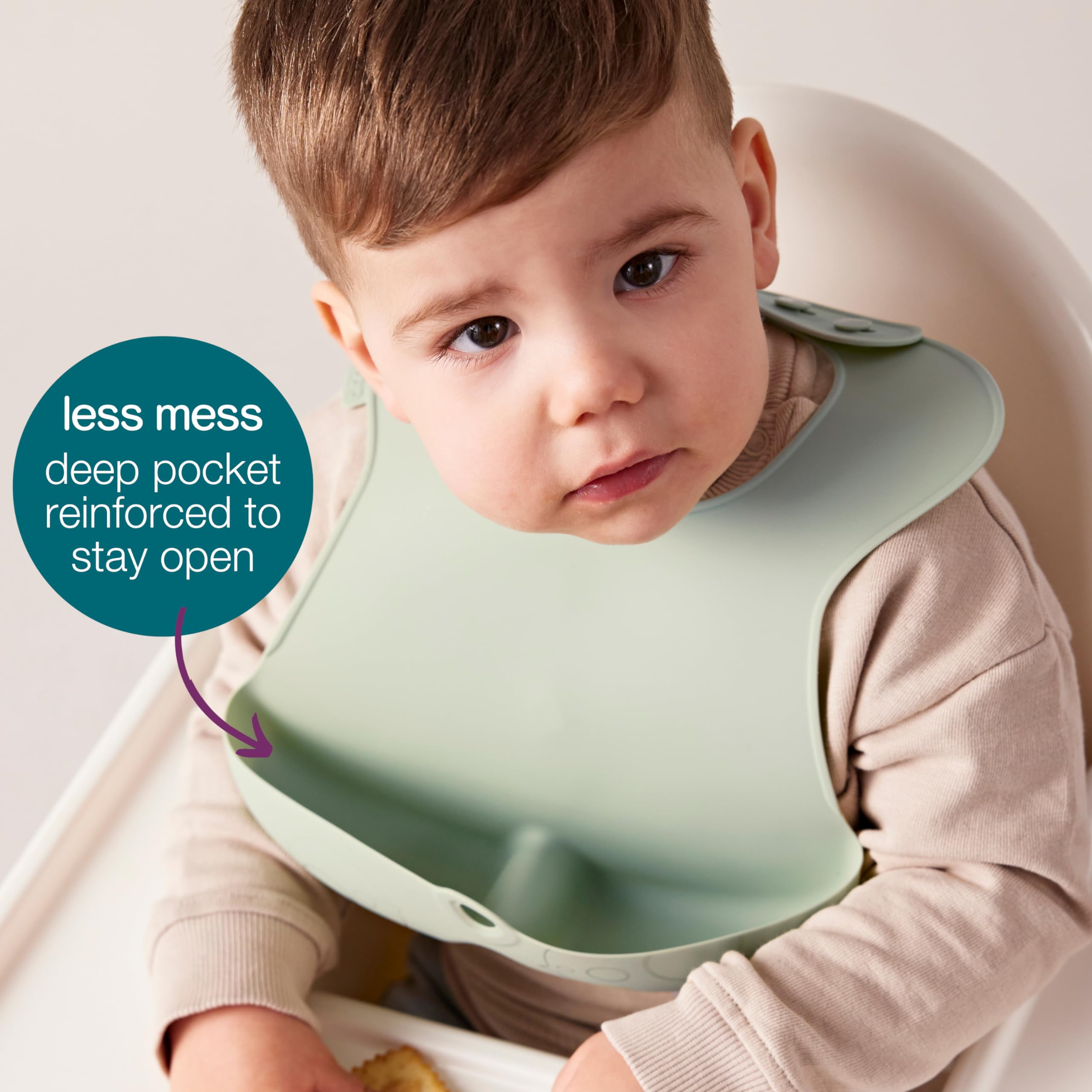 b.box Silicone Bib: Baby Bibs for Boys & Girls Ages 4m+. Dishwasher Safe FDA Food Grade Silicone. Adjustable, Soft, Waterproof. Unique Stay-Open Food Catcher, Roll & Secure for On-The-Go (Blush)