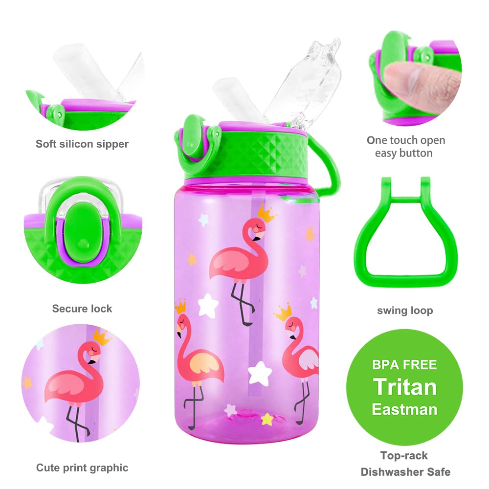 Home Tune 14oz Kids Water Drinking Bottle - BPA FRE, Chug Lid, Flip Sip Cap, Easy Open, Lightweight, Leak-Proof with Cute Design for Girls & Boys - 1PK - Flamingo