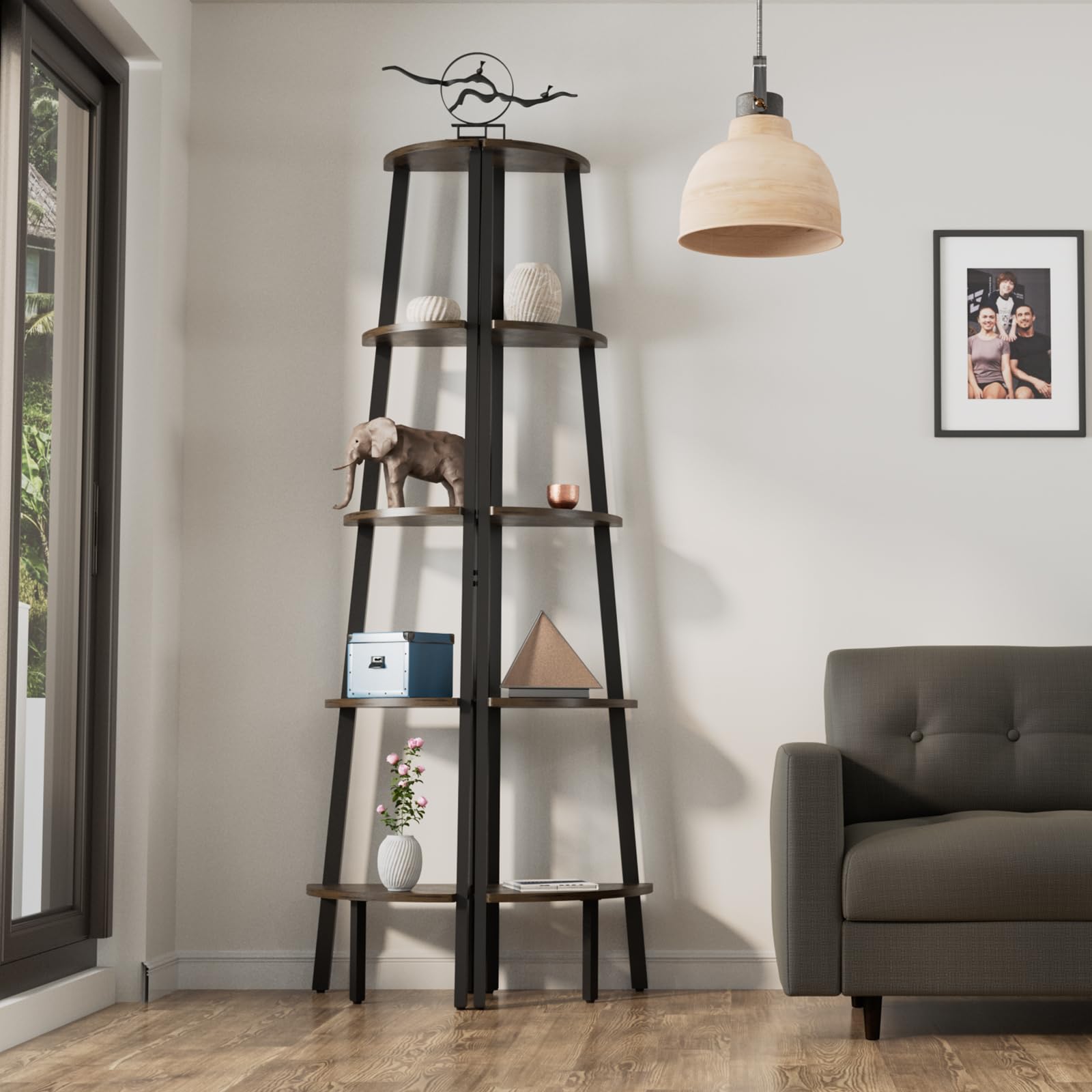 Corner Shelf Stand,5-Tier Corner Bookshelf Storage Standing Unit with Metal Frame,Corner Bookcase Plant Stand for Living Room,Bathroom,Home Office,Bedroom,Rustic Brown