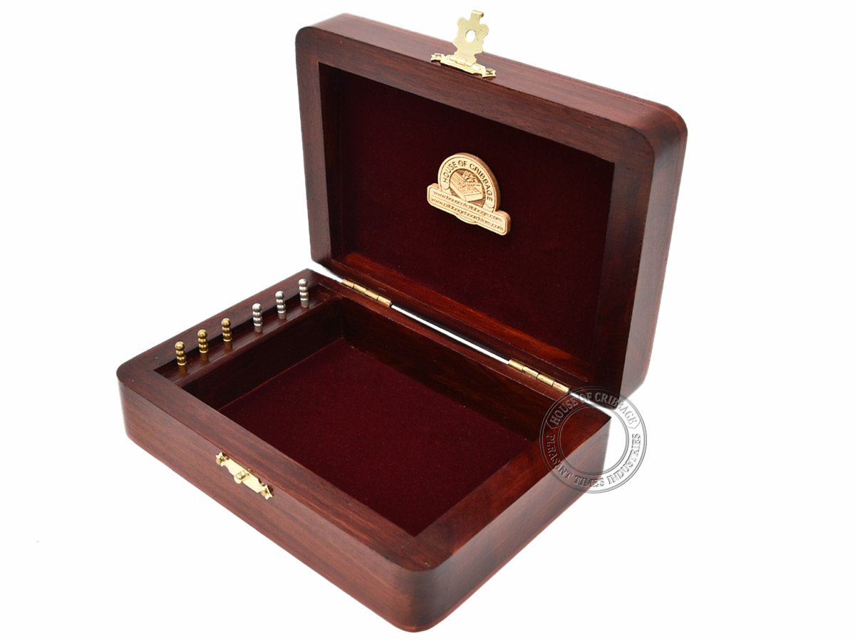 House of Cribbage - 2 Track - Wooden Cribbage Board/Box - Inlaid in Bloodwood/Maple Wood - Storage for Pegs & One Deck of Cards - 60 Points - Non Continuous
