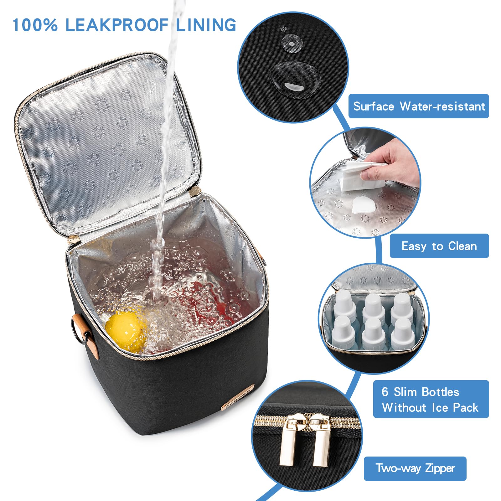 BABEYER Breast Milk Cooler Bag with Ice Pack Fits 4 Baby Bottles Up to 9 Ounce, Baby Bottle Bag with Shoulder Strap for Nursing Mom Daycare, Black