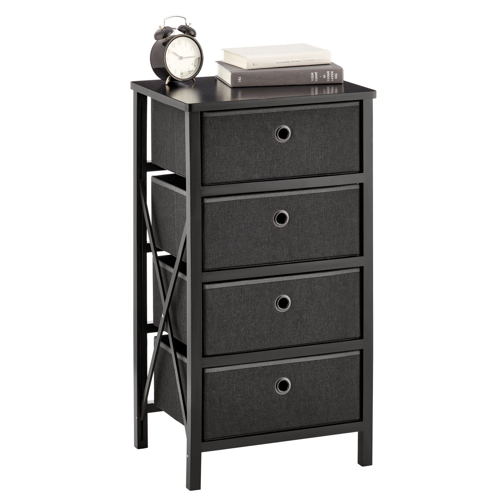 mDesign 4 Drawer Foldable Dresser Storage Unit Chest - Wood Frame, Easy Pull Fabric Bins - Farmhouse Organizer Unit for Household Storage Bedroom, Hallway, Entryway, Closets - Black
