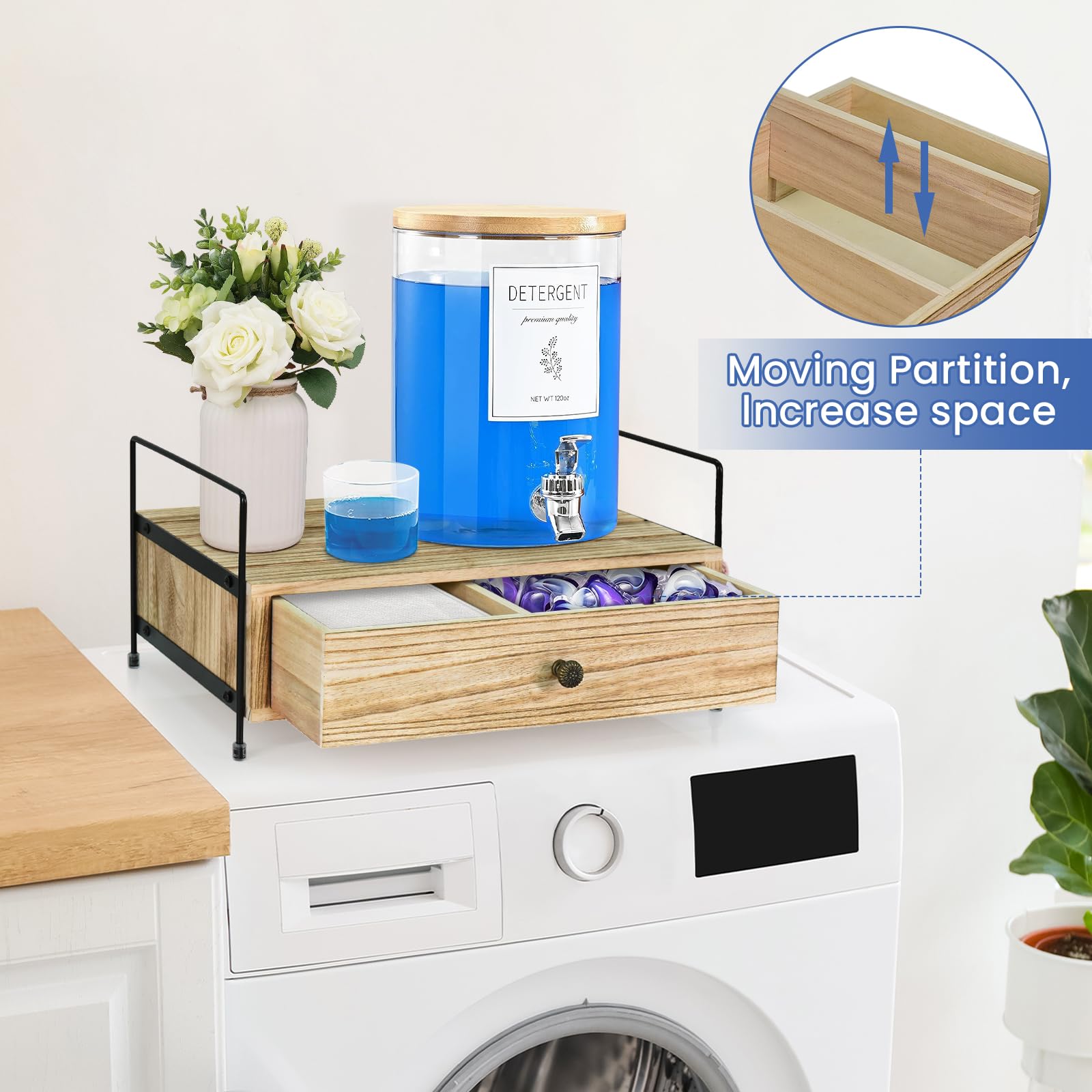 Wooden Detergent Holder for Laundry Room Organizer, Shelf Organizer for Liquid Laundry Detergent, Laundry Detergent Holder with Drawer for Dry Sheets, Dry Balls, Pods, Clips, Laundry Room Decor