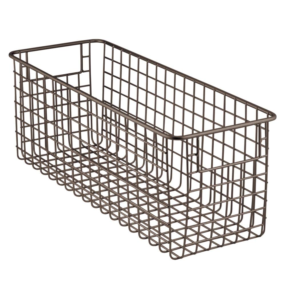 mDesign Household Metal Wire Narow Storage Organizer Bin Basket Holder with Handles - for Closets, Entryways, Mudrooms, Kitchen Pantry, Under Sink Cabinets, Bathrooms - 16" x 5" x 6" - 6 Pack - Bronze