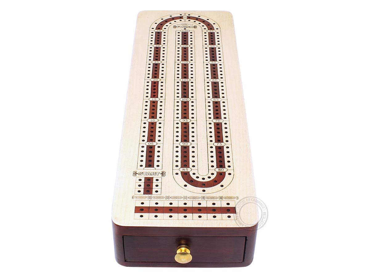 House of Cribbage Continuous Cribbage Board Alphabet e Shape Inlaid in Maple and Bloodwood with Storage Drawer for pegs and Cards - 3 Tracks