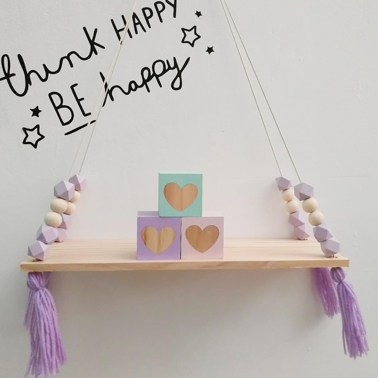 DEERWIN Hanging Shelf for Wall, Wood Hanging Shelves with Beads Tassels Boho Decor Swing Rope Rustic Floating Shelf,Wall Display Shelving Home Organizer Rack for Living Room Bedroom Kitchen (Purple)