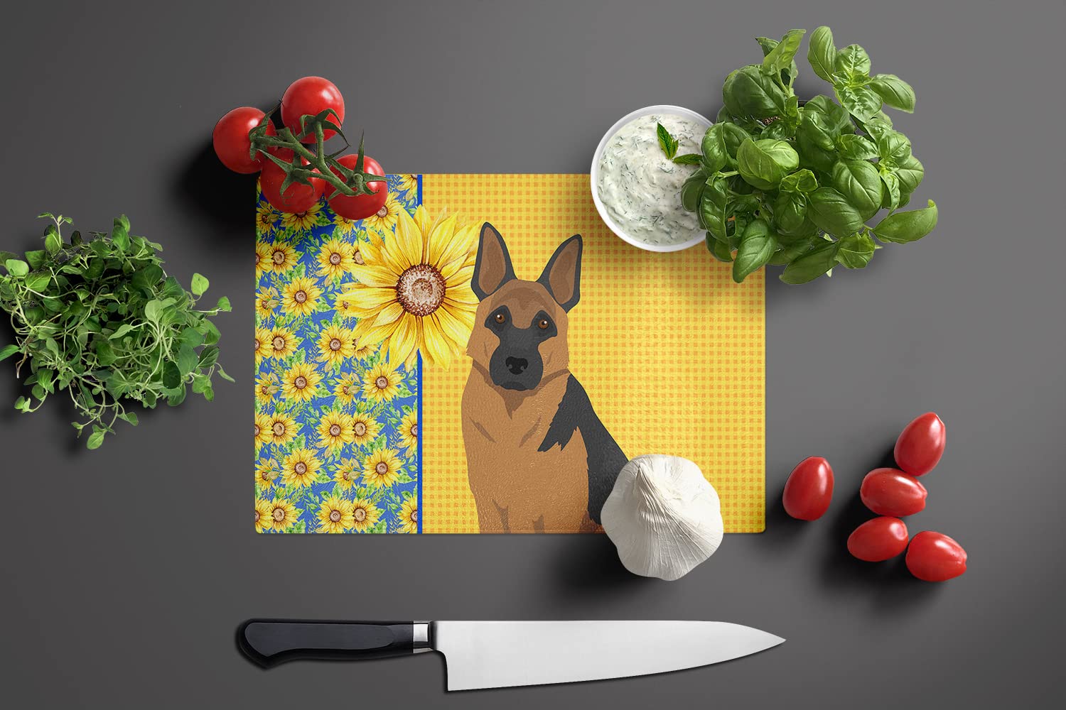 Caroline's Treasures WDK5422LCB Summer Sunflowers Black and Tan German Shepherd Glass Cutting Board Large Decorative Tempered Glass Kitchen Cutting and Serving Board Large Size Chopping Board