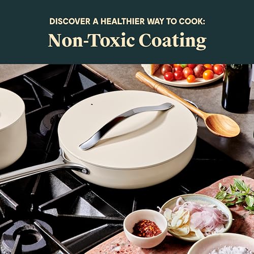 Caraway Nonstick Ceramic Cookware Set (12 Piece) Pots, Pans, 3 Lids and Kitchen Storage - Non Toxic, PTFE & PFOA Free - Oven Safe & Compatible with All Stovetops (Gas, Electric & Induction) - Cream