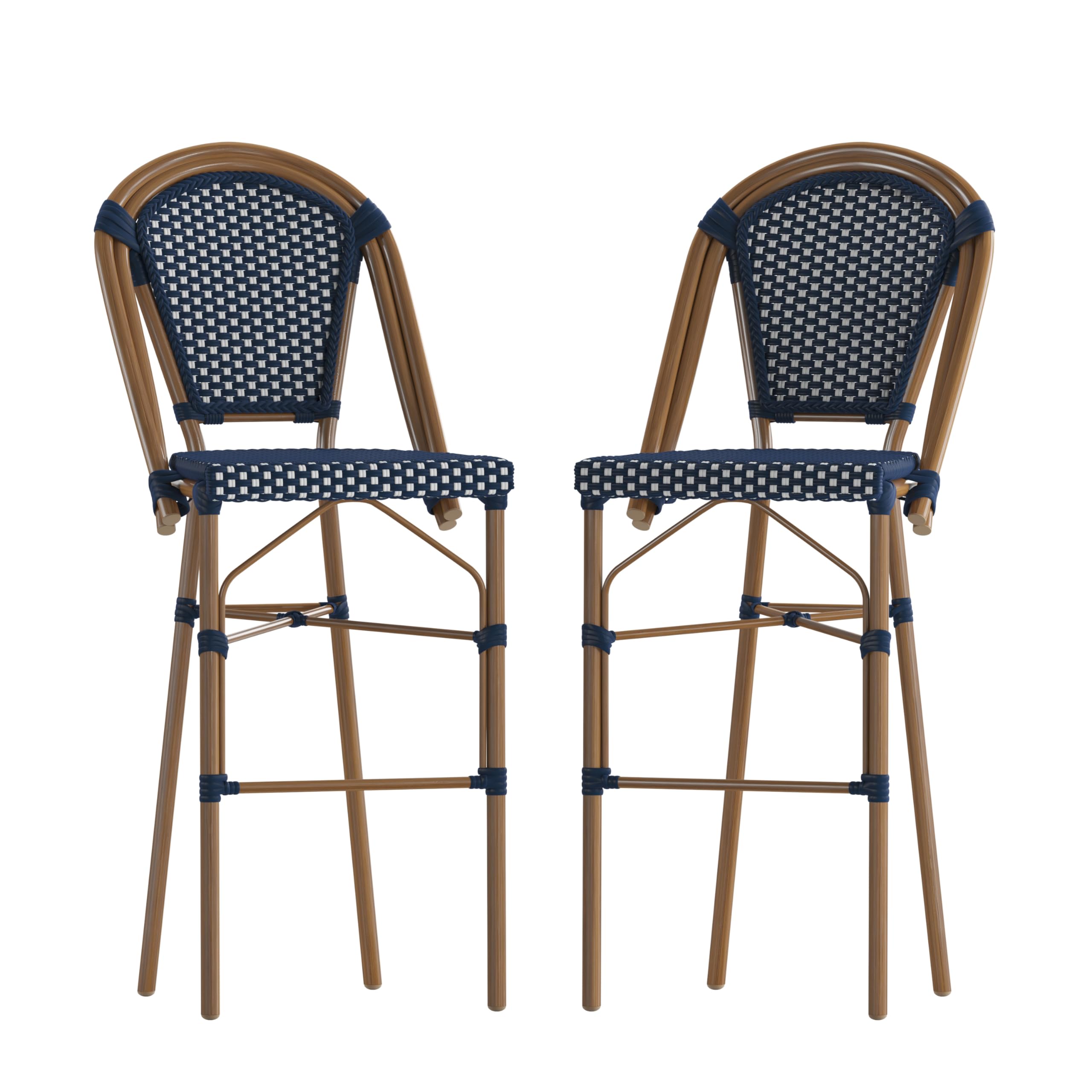 EMMA + OLIVER Soie Bistro Bar Stool - Stacking Indoor/Outdoor PE Rattan Bar Stool with Bamboo Finish Frame - 30" High - Set of Two - Navy/White