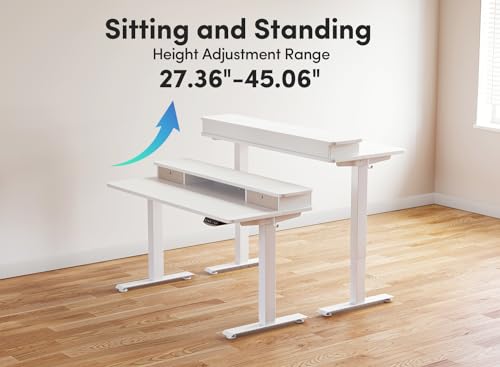 BANTI 55x24 Inch Electric Standing Desk with Double Drawers, Adjustable Height Stand Up Desk, Sit Stand Home Office Desk with Storage Shelf, White Top