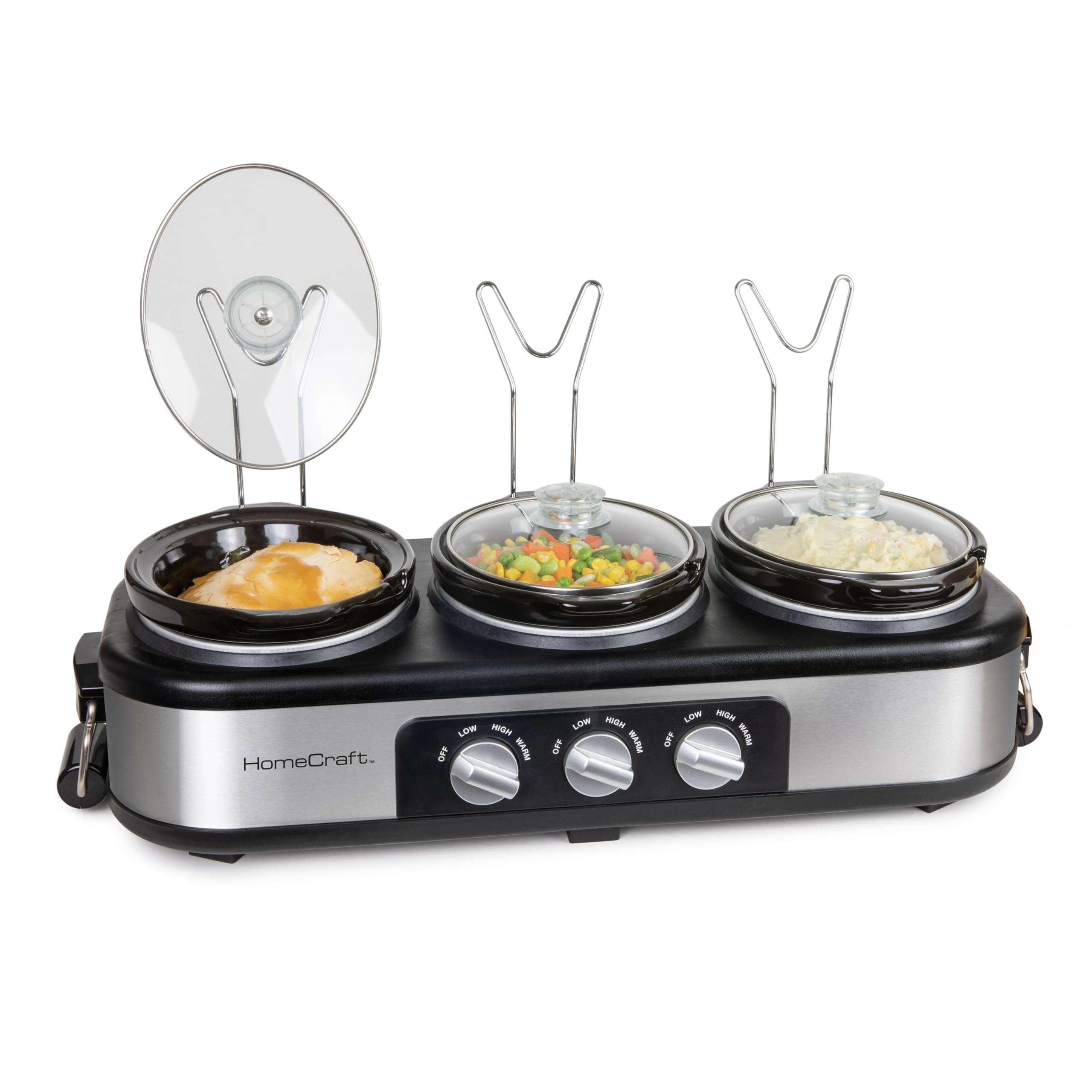 HomeCraft HCTSC15SS Stainless Steel 3-Station 1.5-Quart Oval Slow Cooker Buffet, with Lid & Spoon Rest, Adjustable Heat Control, Perfect for Parties, Holidays, Families