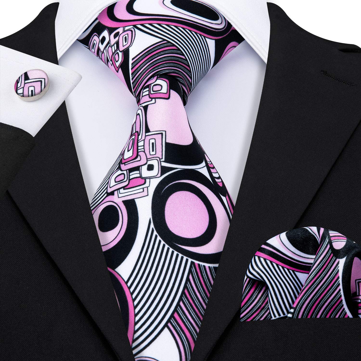 Barry.Wang Men Tie Set Print Pink Black White Silk Necktie Pocket Square Cufflinks Formal Wedding Party Business Festival