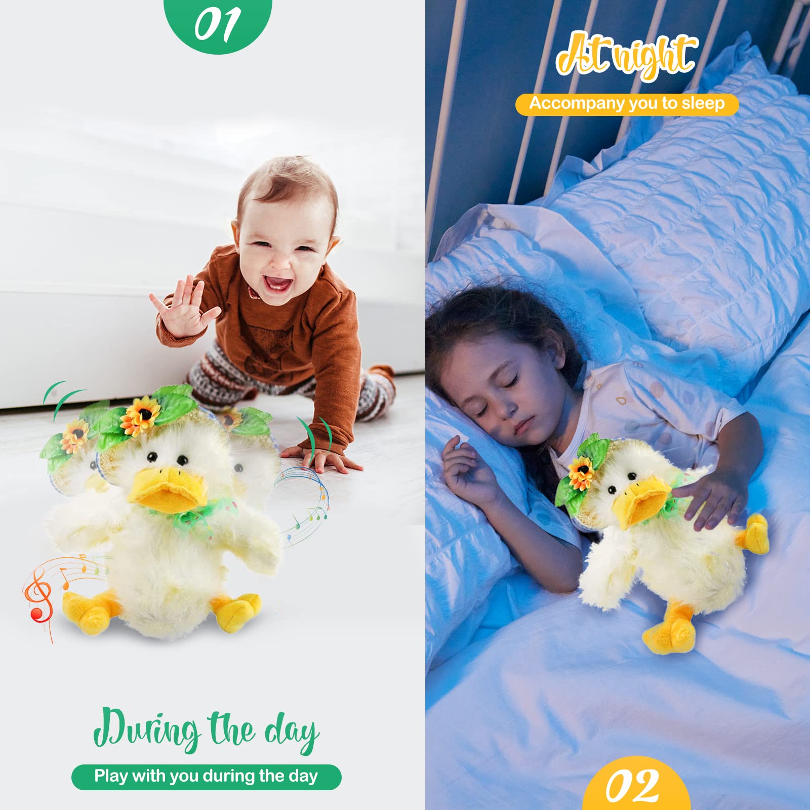 Houwsbaby 12" Electronic Music Dancing Duck Stuffed Animal Singing Dancing Singing Waving Interactive Plush Toy with Straw Hat for Boys Girls Kids Easter Birthday