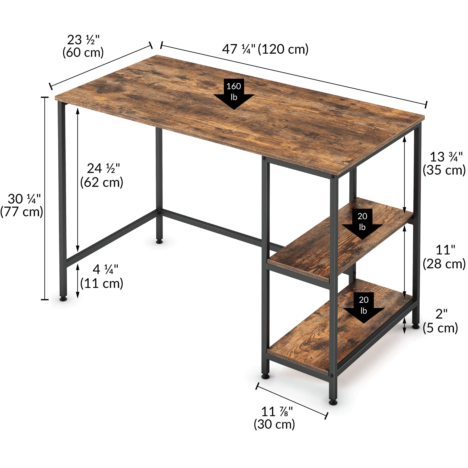 Ballucci Computer Desk, 47 Inch Home Office Desk with 2 Storage Shelves, Modern Study and Gaming Desk, Wood with Metal Frame Workstation and Writing Table - Rustic Brown