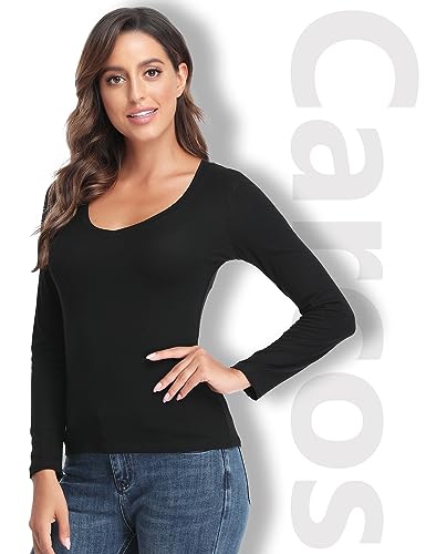 CARCOS Women's Casual Tops Sexy V Neck Long Sleeve Pullover Underwear Tee Slim Fit Basic Shirts Black L