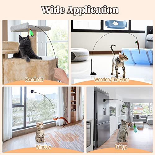 Cat Feather Toys, Interactive Cat Wand Toys with Super Suction Cup, Detachable 6 PCS Feather Refills Tail Bird Feathers with Bell, Cat Teaser Wand for Indoor Cats Kitten Play Chase Exercise (Set 1)