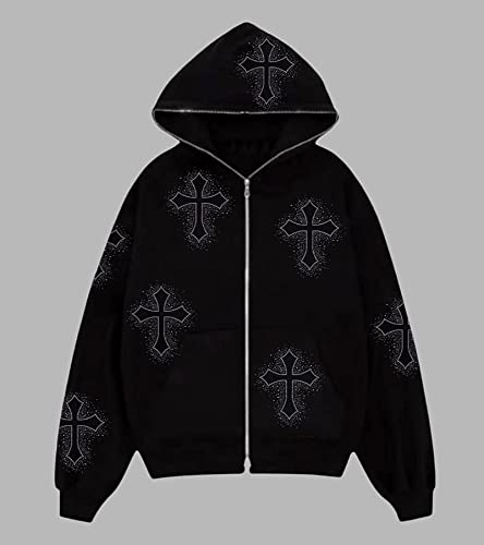 Easyoyo Men Women Skeleton Gothic Diamond Glitter Y2K E-Girl Oversize Full Zipper Hooded Sweatshirt Jacket