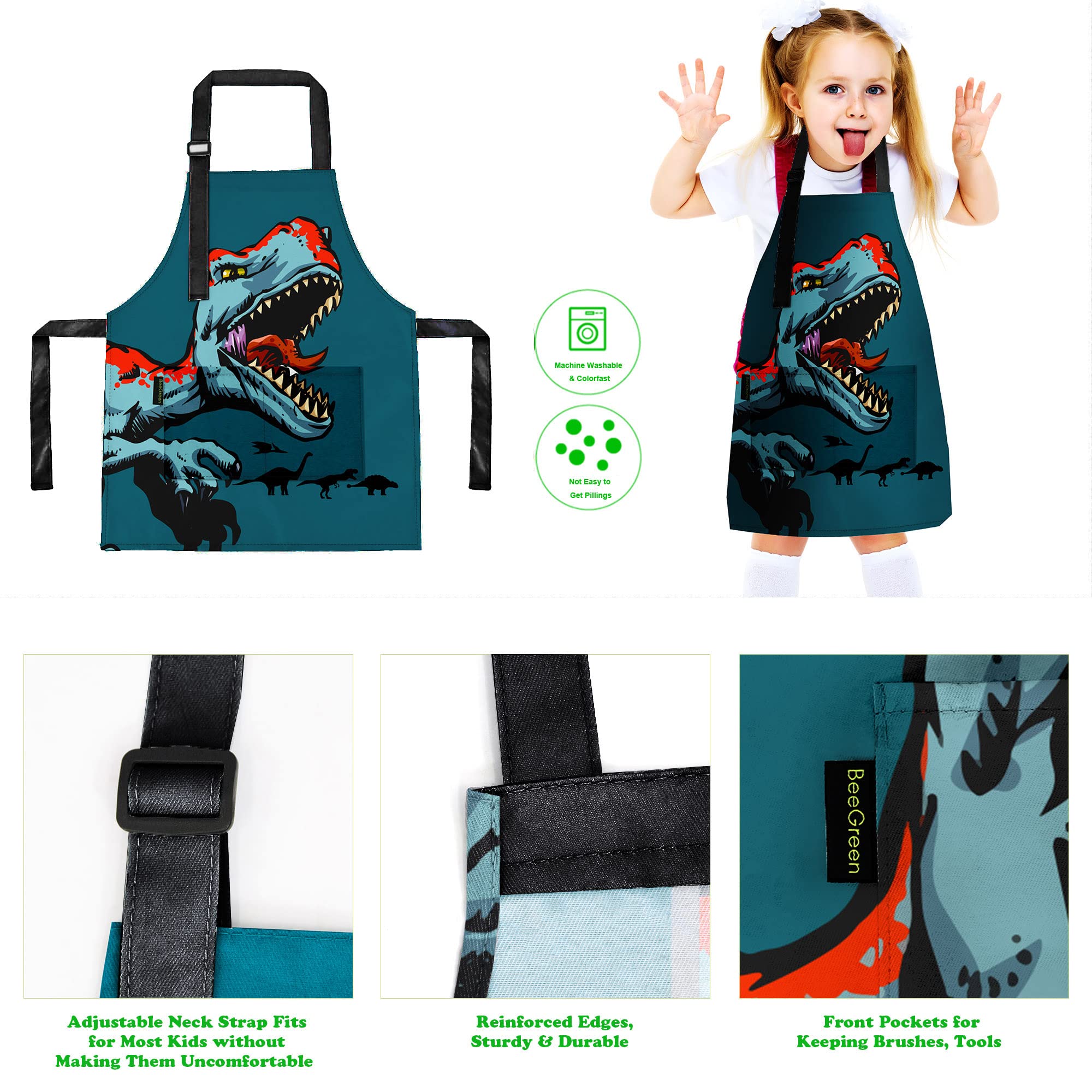 BeeGreen Kids Apron 2 Pack Cooking Aprons with Adjustable Strap Kids Kitchen Aprons with Front Pocket for Girls Toddler Painting Baking Artist Washable Foldable Lightweight (Dinosaurs+Space Planets)