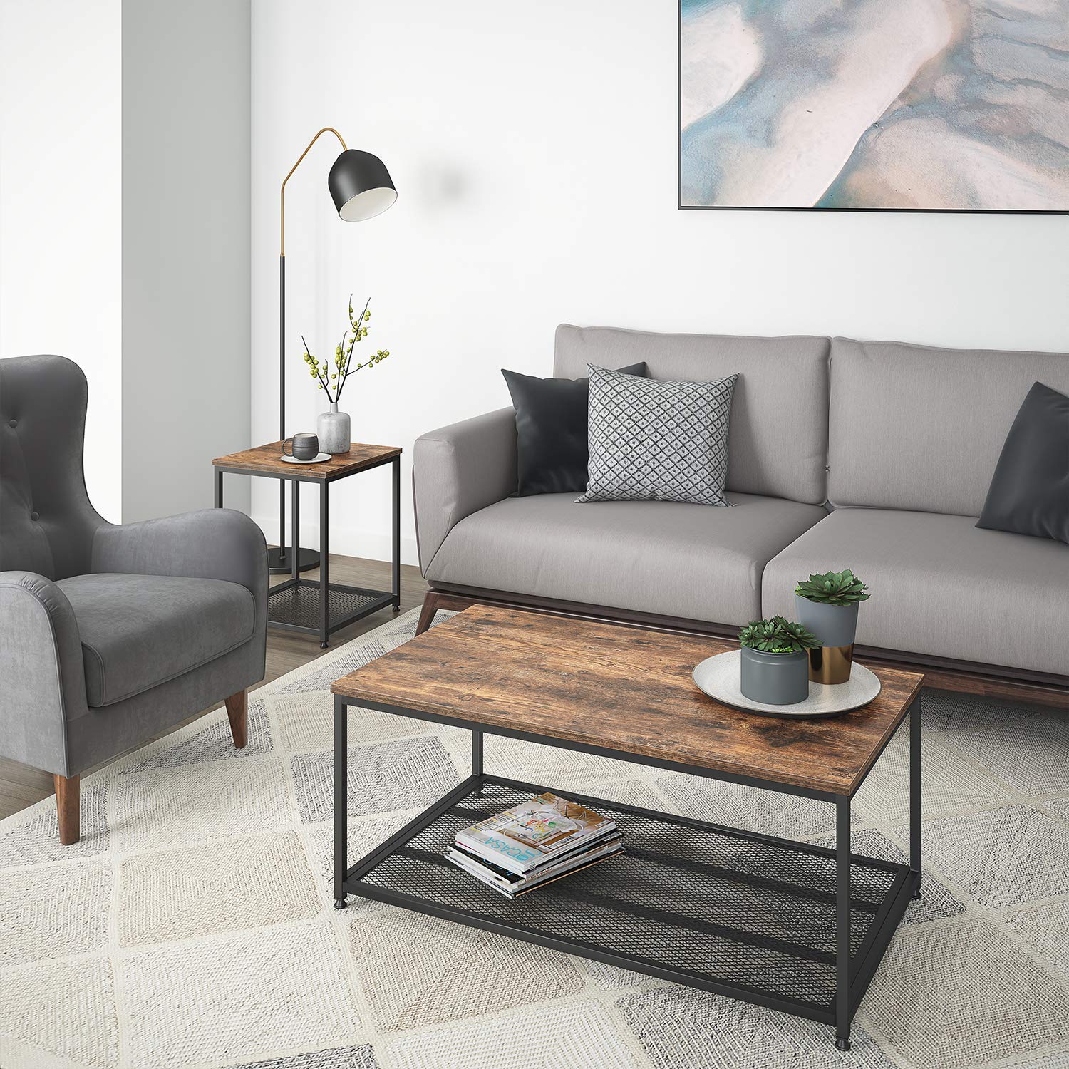 Ballucci Modern Coffee Table with Storage Shelf, Large 2-Tier 41.75" Living Room Center Table with Metal Frame and Wood Accent Furniture - Rustic Brown