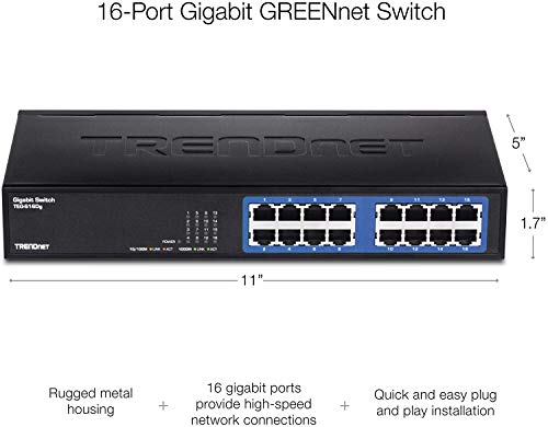 TRENDnet 16-Port Unmanaged Gigabit GREENnet Desktop Metal Switch, Ethernet Splitter, Fanless,16 x RJ-45 Ports, 32 Gbps Forwarding Capacity, TEG-S16DG