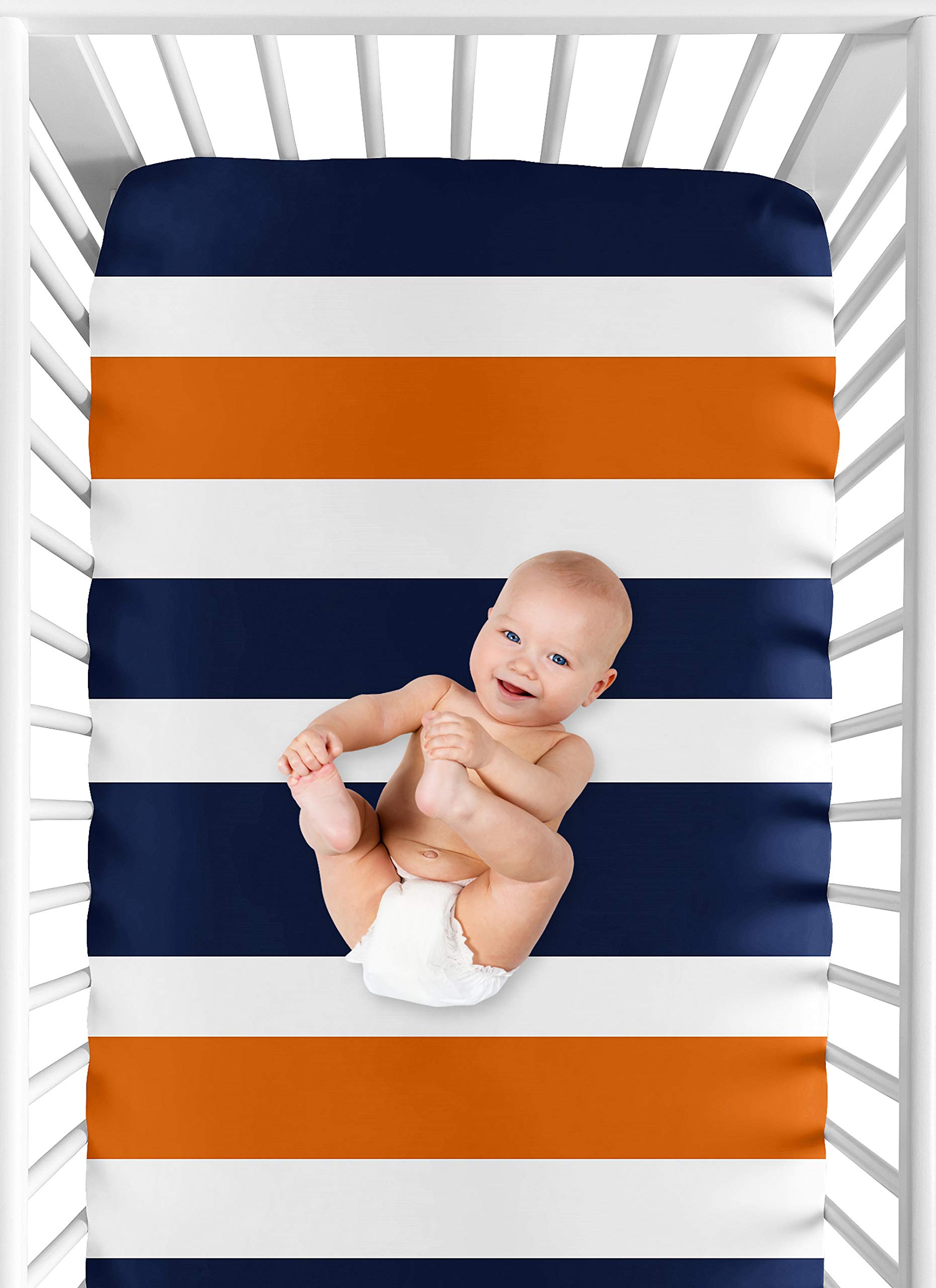 Sweet Jojo Designs Fitted Crib Sheet for Modern Navy Blue and Orange Stripe Baby/Toddler Bedding - Stripe Print