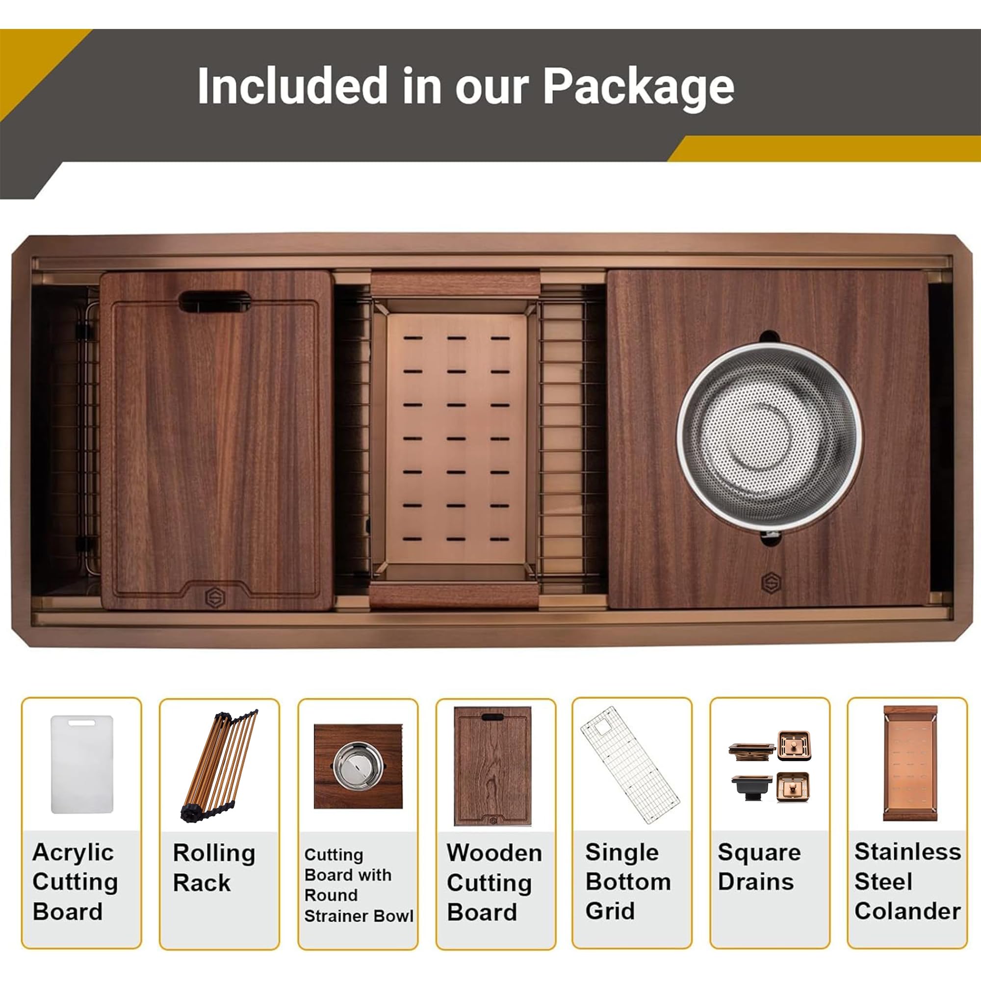 Strictly Sinks 45” Copper Workstation Sink - 16 Gauge 45 Inch Stainless Steel Sink - 2-Tier Undermount Kitchen Sink with 2 Square Strainer Drains, 1 Disposal Adapter, & 6 Workstation Sink Accessories