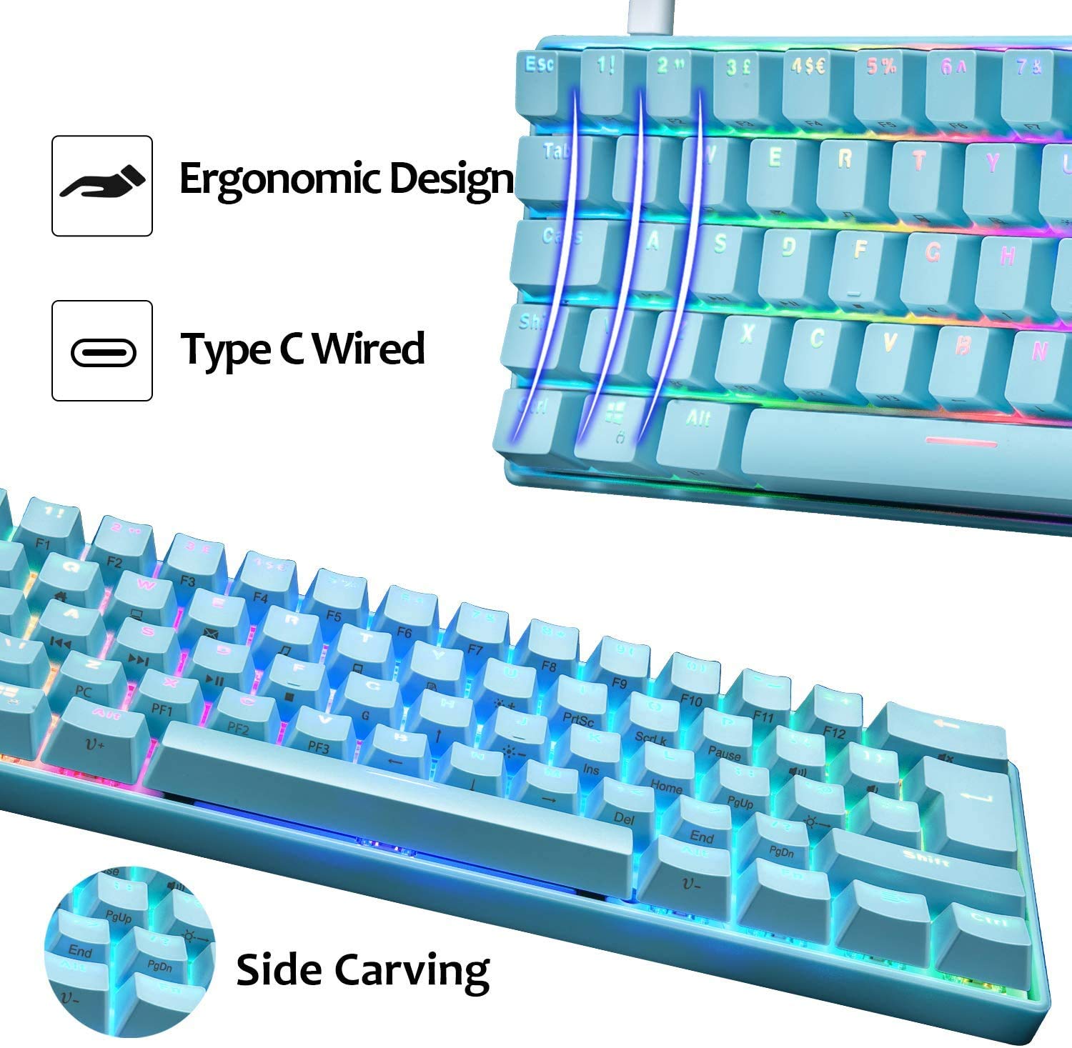 Mechanical Gaming Keyboard and Lightweight Honeycomb Mouse Combo with Rainbow RGB Backlit Full Anti-ghosting 61 Key Ergonomic Programmable Mice Wired USB for Laptop PC Gamer Typist(Blue/Blue Switch)