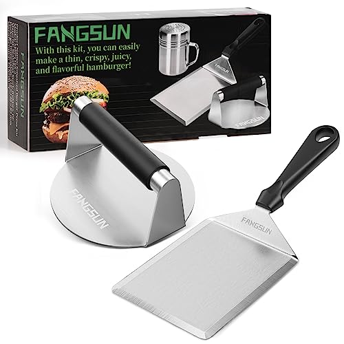 FANGSUN Smashed Burger Press Kit, Stainless Steel Burger Smasher & Grill Spatula for Outdoor Cooking, 5.8β Hamburger Press & 5" BBQ Spatula, Griddle Accessories Kit for Flat Griddle, Grilling Gift