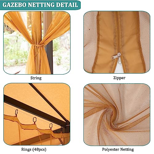 DURCOVER Gazebo Mosquito Netting 10x12ft, Replacement Universal Gazebo Netting with Zippers for Outdoor Garden Patio Gazebo 4-Panel Screen Sidewalls, Brown (Mosquito Net Only)