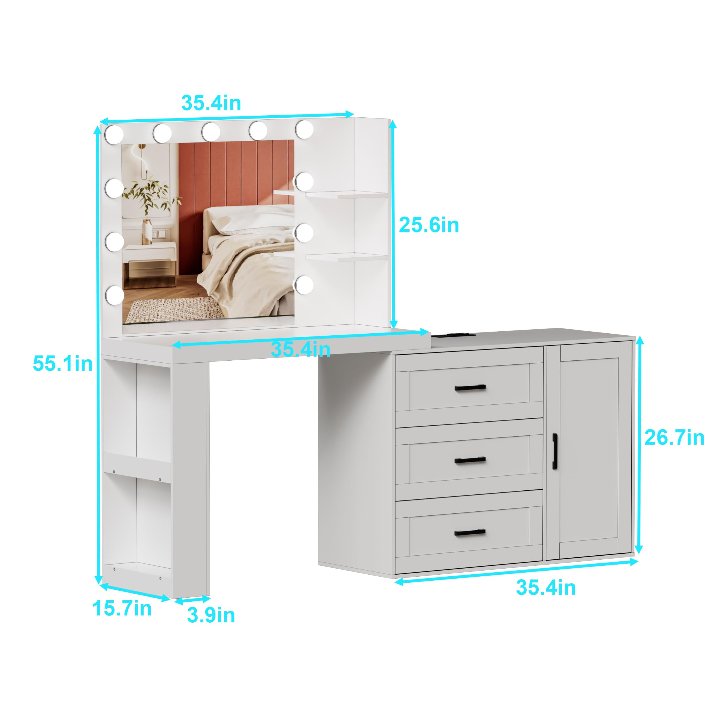PAKASEPT Vanity Desk with Mirror and Lights, Makeup Vanities with Charging Station, White Vanity with 3 Color Lighting, Drawers, Hidden and Open Shelves, Girls Dressing Table for Bedroom