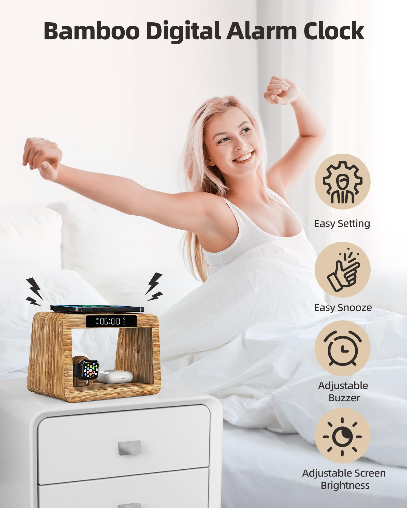 Bamboo Wireless Charging Station,Wireless Charger with Digital Alarm Clock and Night Light, Fast Charger Stand for iPhone 15/14/13/12/11 Pro Max/X/Xs, AirPods Pro, iWatch Series 8/7/6/5/SE