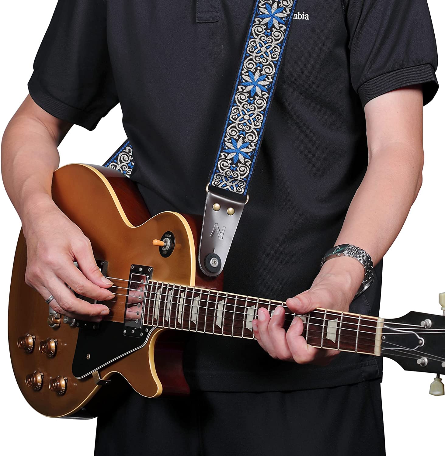 Guitar Strap, Vintage Embroidered Cotton Guitar Straps with Genuine Leather Ends for Bass, Electric & Acoustic Guitars, Come with Free Strap Button, 1 Pair Strap Locks and 4 Guitar Picks (Blue Flower)
