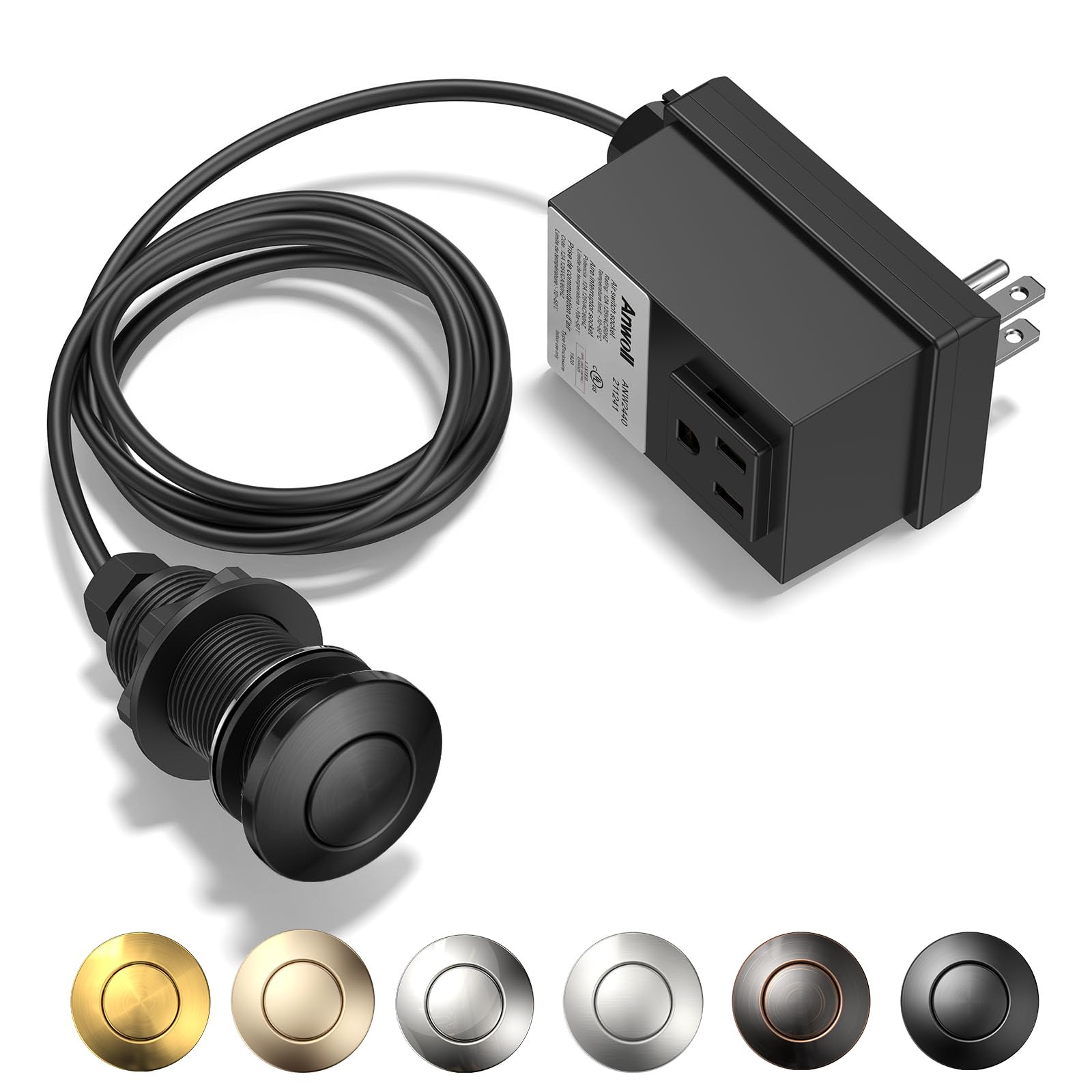 ANWOLL Garbage Disposal Air Switch Kit-Professional，Cordless Sink Top Waste Disposer On/Off， Garbage Disposal Button, Brass Made Cover, UL Listed