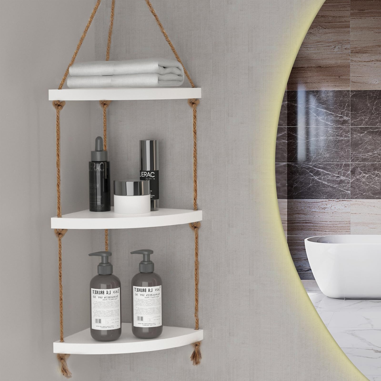 Tirzah 3-Tier Hanging Wall Corner Shelf with Rope, 9 inches White Real Wood Circular Sector Floating Shelf for Home Decor, Kitchen Organizer