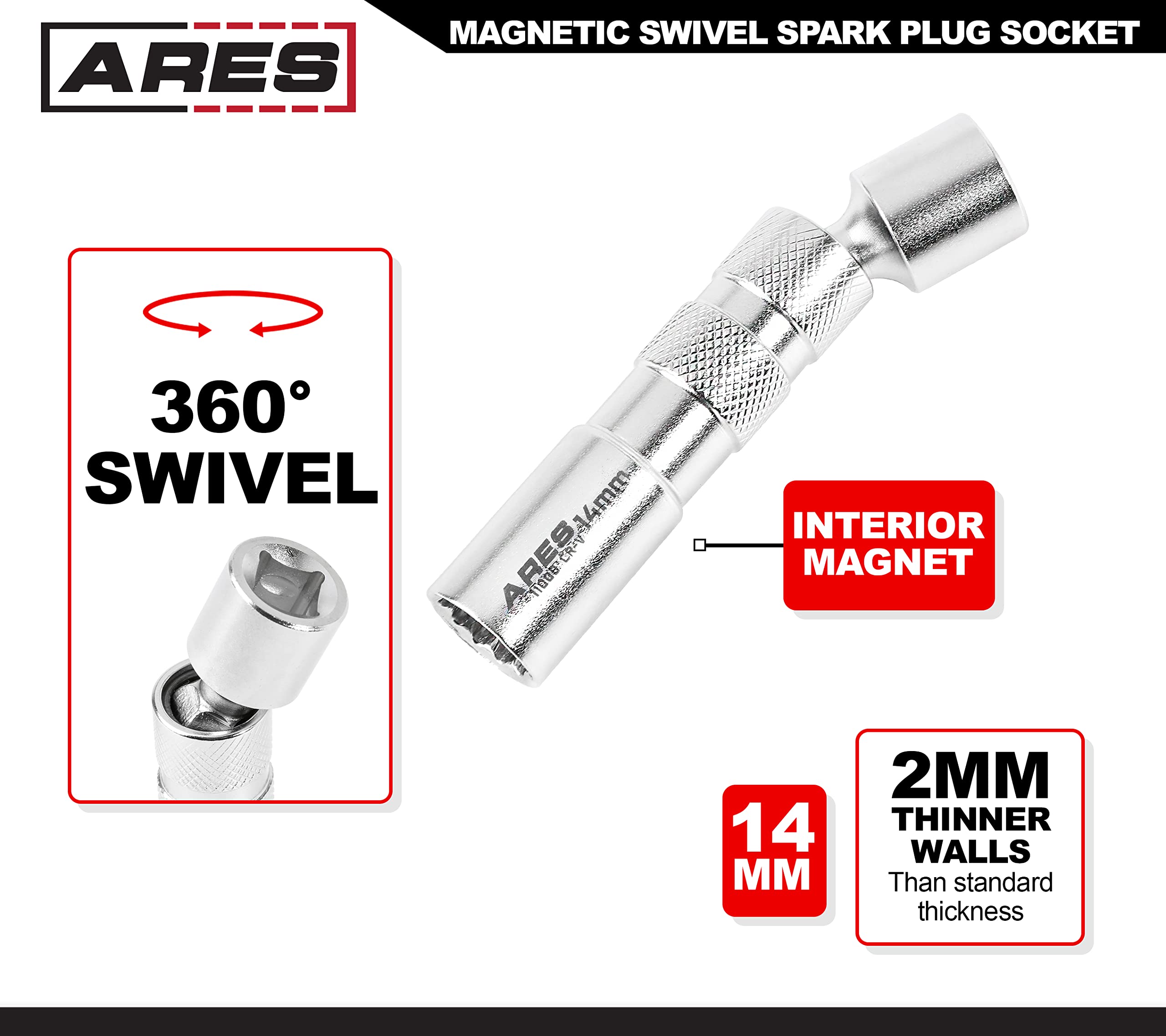 ARES 11000-14mm Thin Wall Magnetic Swivel Spark Plug Socket - 3/8-Inch Drive 12-Point Spark Plug Socket - Walls 2mm Thinner Than Standard Spark Plug Sockets