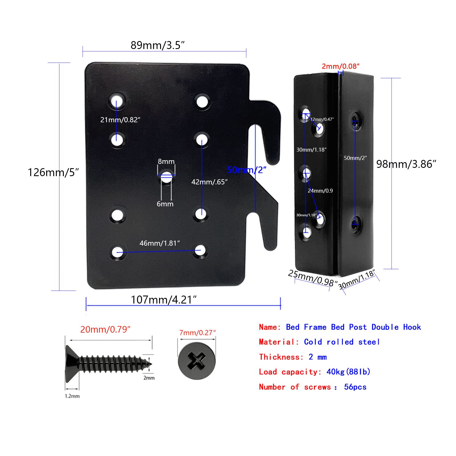 Bed Frame Post Double Hook Slot Hardware Attachment Bracket,Bed Rail Hooks Cold Rolled Steel 5''×4¼'',Thickness 2 mm, Heavy Duty for Plates Bed Accessories with Screws Included(4 Sets ) (5''×4¼'')
