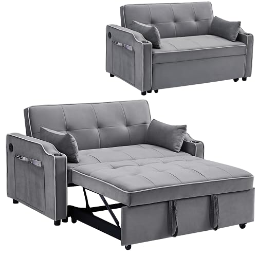 Convertible Futon Couch with USB Ports,Velvet Pull Out Sleeper Sofa Bed with Cup Holders and Pockets,3 in 1 Modern Loveseat with Adjustable Backrest,Small Love Seat for Living Room,Office,Grey