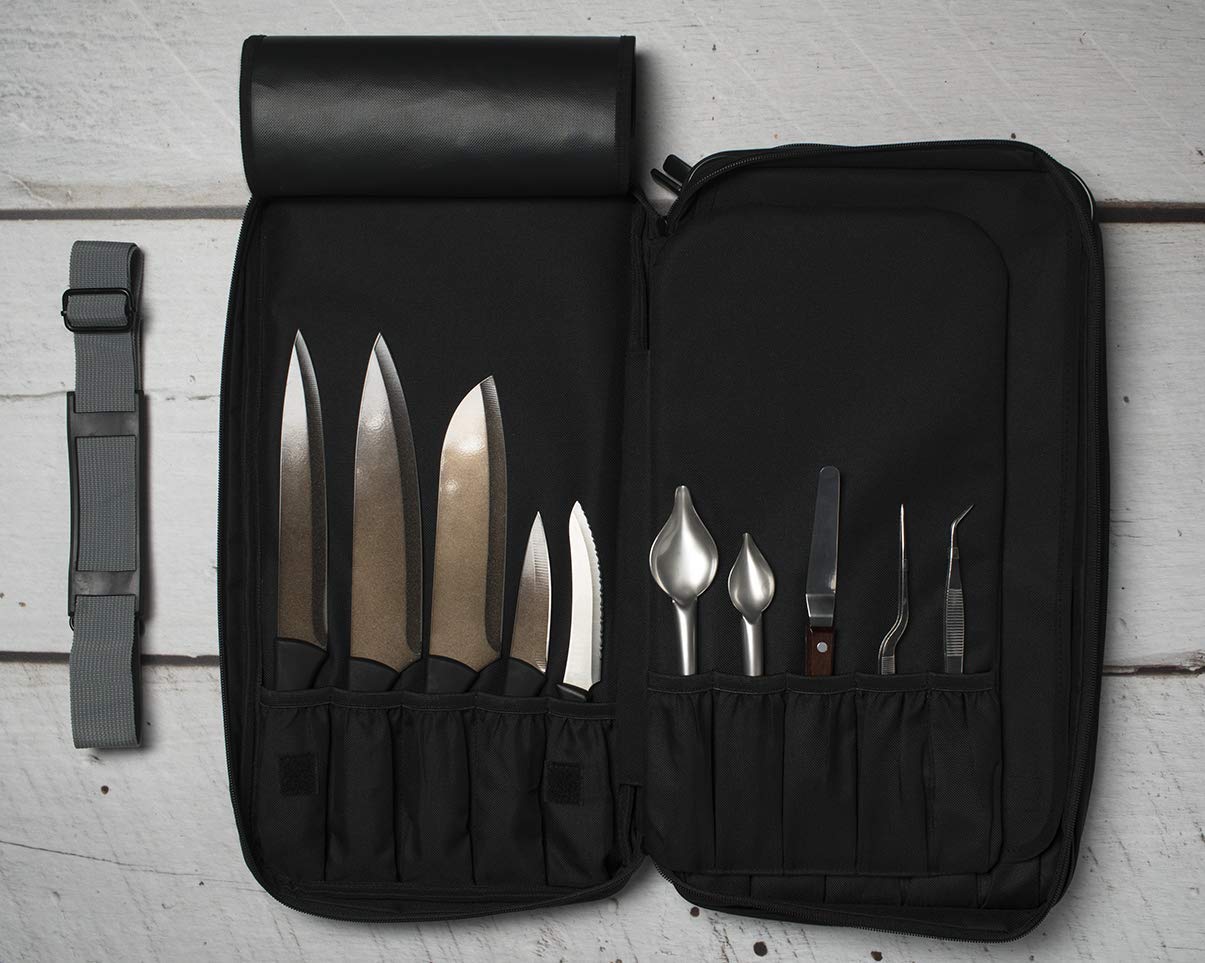Asaya Chef Knife Bag - 28 Pockets for Knives and Kitchen Utensils - Durable Ballistic Nylon, Black Stainless Steel Hardware, Card Holder and Adjustable Shoulder Strap - Knifes not Included