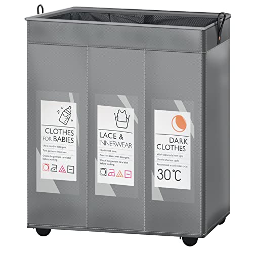 DEDU 120L Laundry Sorter 3 Section Heavy Duty, Extra Large Slim Laundry Hamper Rolling, Collapsible Laundry Basket with Wheels and 2 Leather Handles (Dark Gray)