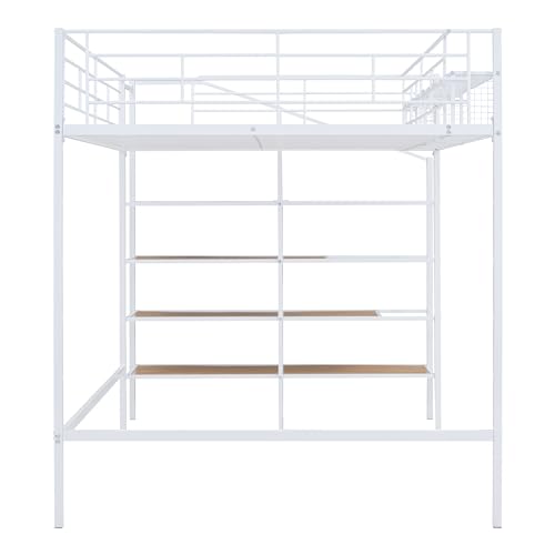 Full Size Loft Bed with Stairs, Metal Loft Bed Frame with Storage Steps, Heavy-Duty High Loft Bed with Grid Shelf for Kids Teens Adults, White