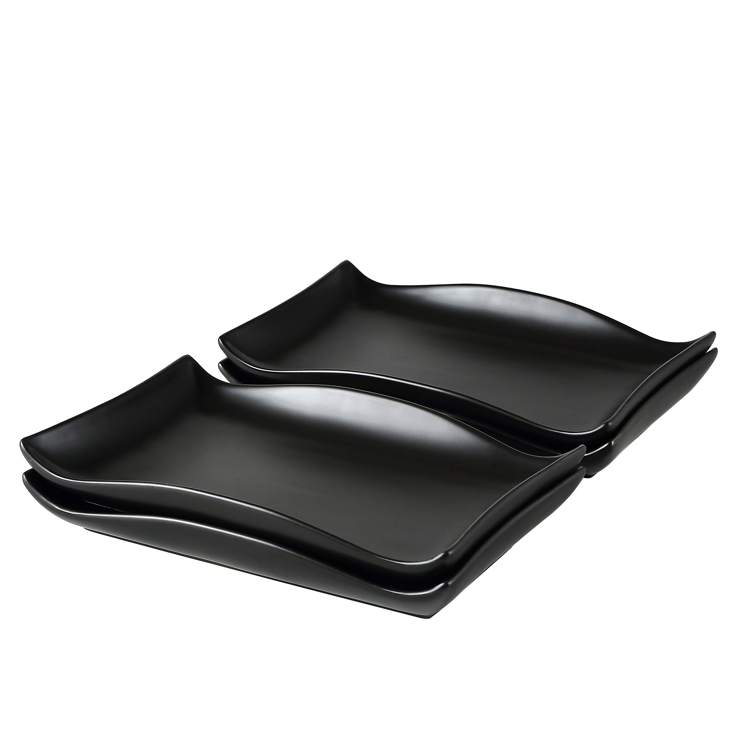 Bruntmor Appetizer Plate Set of 4 Elegant Matte 10"x7" Rectangular Curvy Ceramic Restaurant Christmas Platter | Serving Inner Fluted Dessert Salad Plates, Christmas eve - Black.