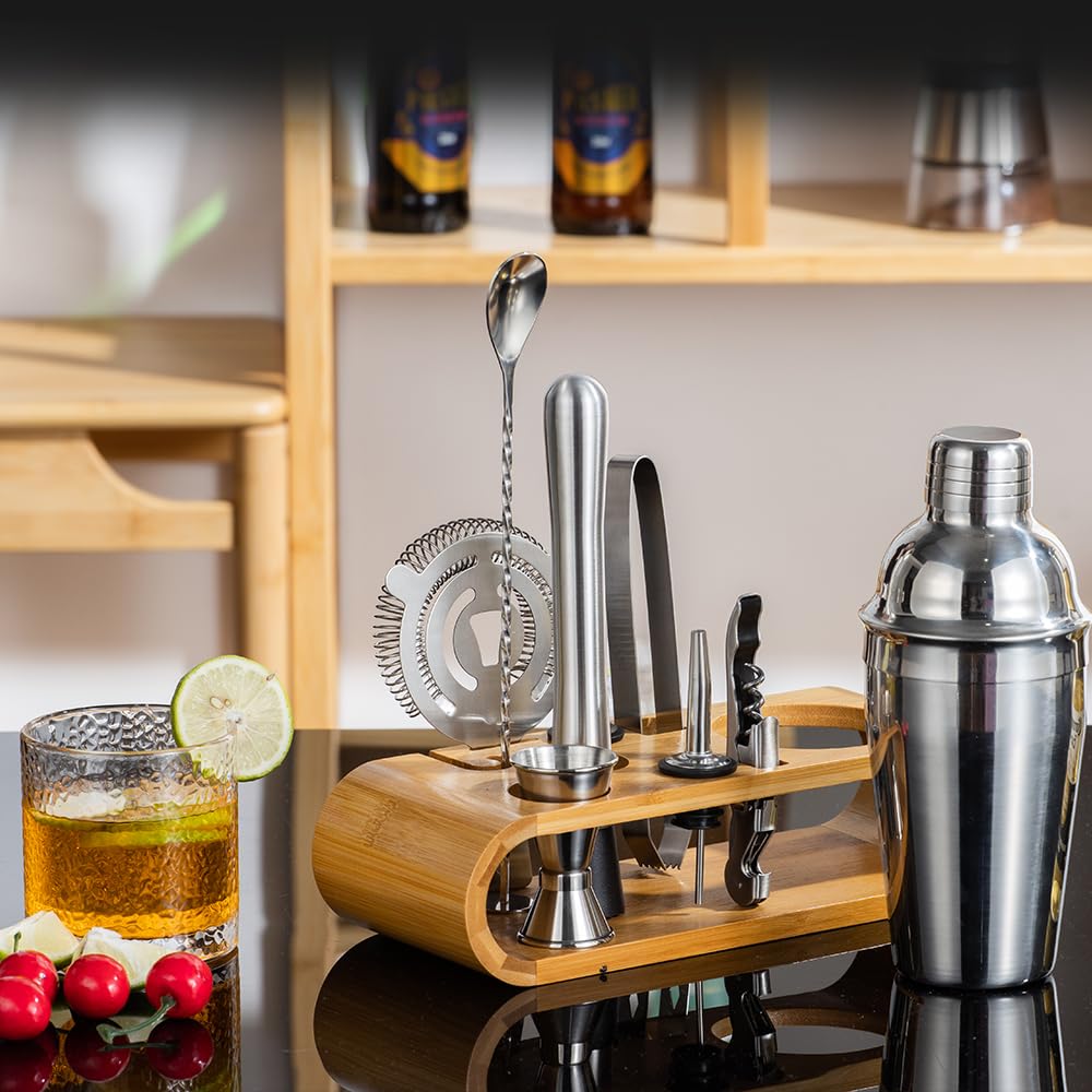 Bartender Kit: 10-Piece Bar Tool Set with Bamboo Stand | Perfect Home Bartending Kit and Martini Cocktail Shaker Set for a Perfect Drink Mixing Experience | Fun Housewarming Gift (Silver)