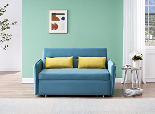 FANYE Velvet Upholstered Loveseat Sleeper w/Side Storage Pockets, 54'' 2-Seaters Sofa with Pull-Out Couch Bed with 2 Pillows & Adjustable Backrest for Living Room Apartment Office Compact Space, Teal