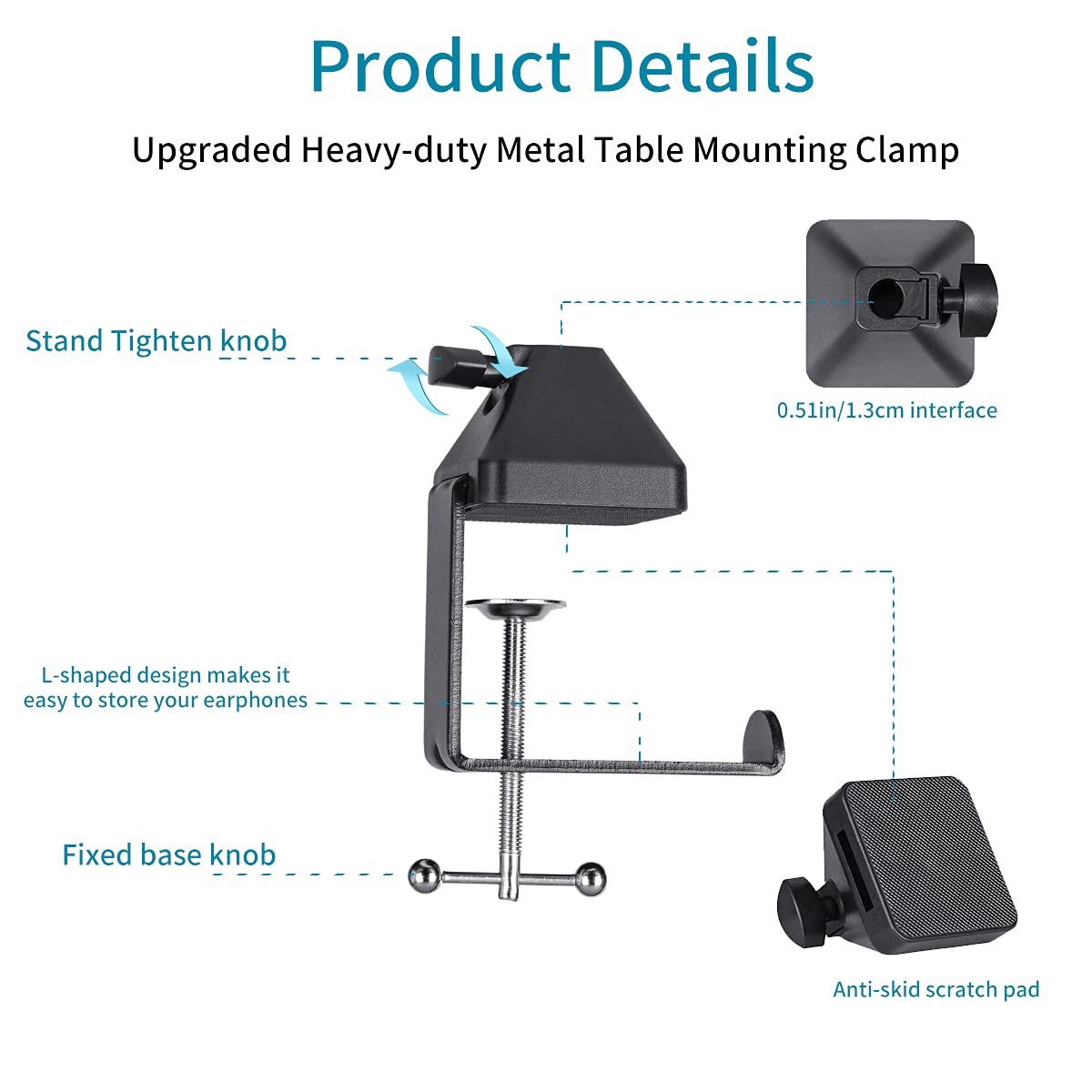 novonest Heavy-duty Metal Table Mounting Clamp,Black Large-area Contact Base for Microphone Suspension Boom Scissor Arm Stand Holder,Max Clamping Thickness 2.75"/70mm,with Headset Hook Hanger,NB35-B