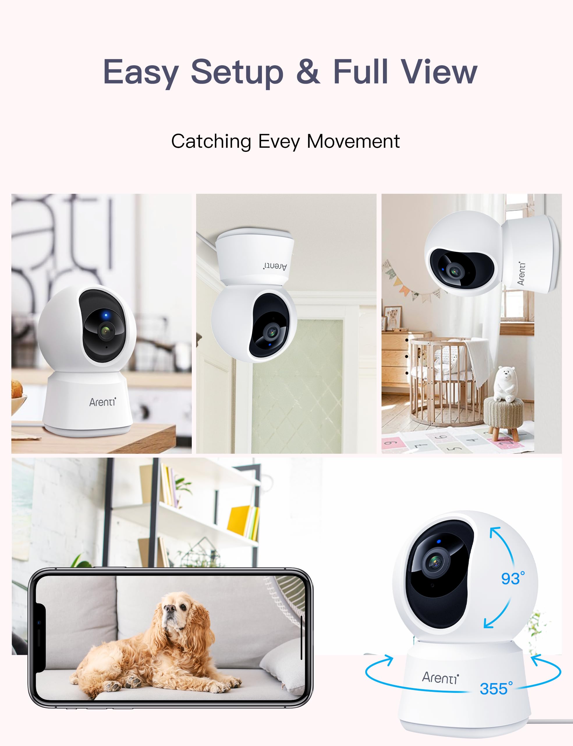 ARETI 5ghz WiFi Security Camera Indoor, 4MP Plug-in Pet Dog Camera with Phone App, Baby Home Cam 2.4G/5G Dual-Band, AI Motion Detection, Auto Tracking, 2-Way Talk, Night Vision, Works with Alexa 2PC