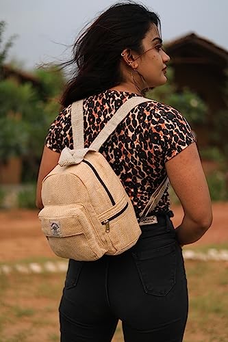 ECOBAWA Hemp Mini Backpack for women Adjustable shoulder strap Mini Bag Washable Lightweight Casual Daypack (Beige)